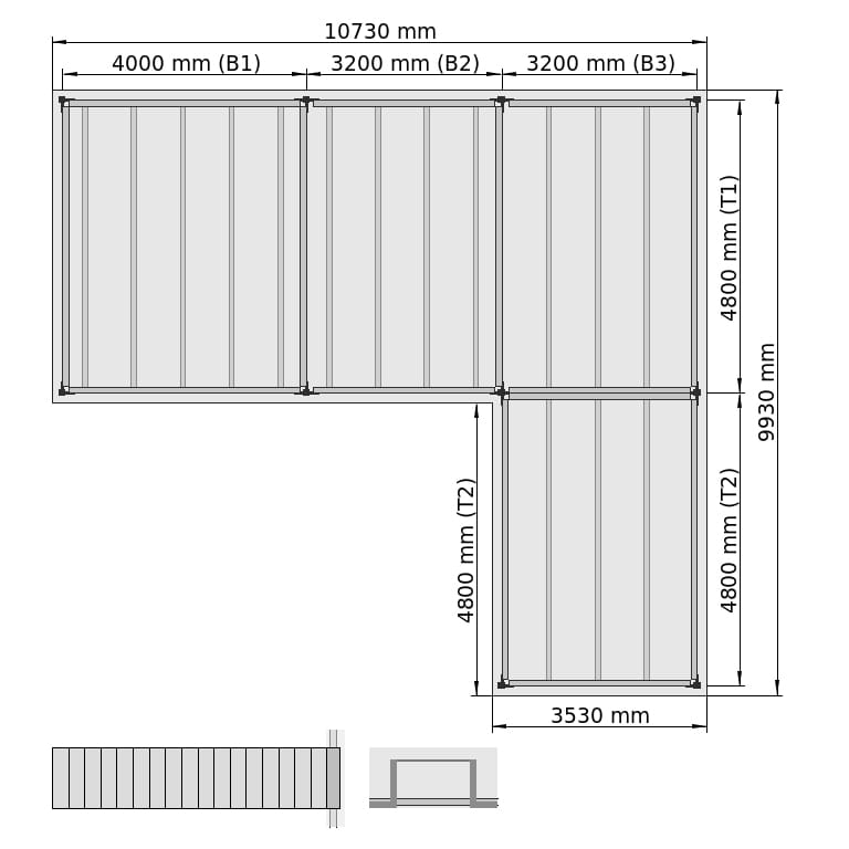 Lagerbühnen LBX 8000 L-Form rechts, B: 10.730 mm, T: 9.930 mm