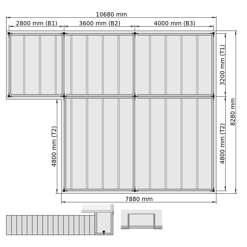Lagerbühnen LBX 8000 L-Form rechts, B: 10.680 mm, T: 8.280 mm